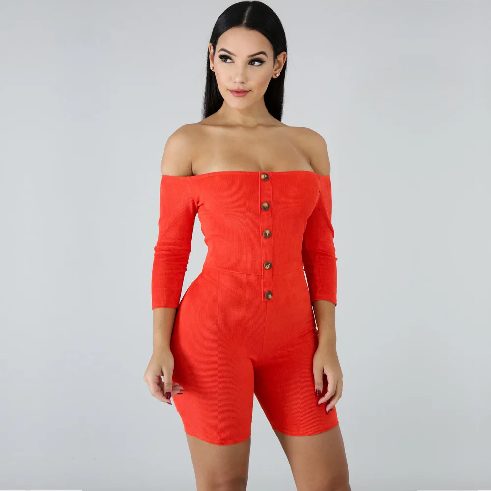 Sexy Off Shoulder Button Women Jumpsuit Casual Long Sleeve Slash Neck
