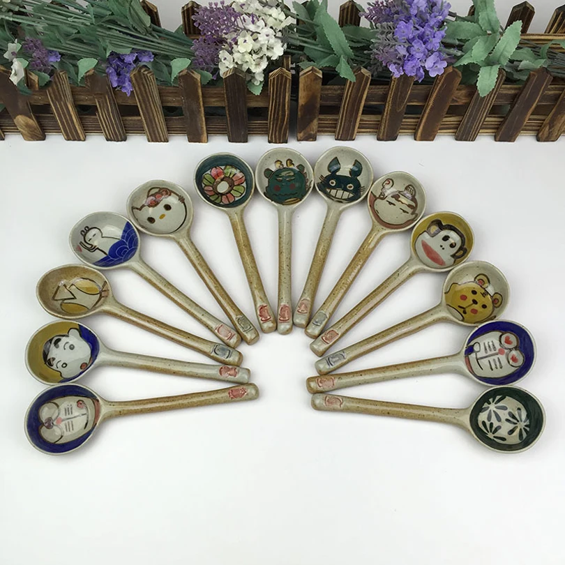 5pcs/set Handmade ceramic spoon hand painted cartoon cute pattern long ...
