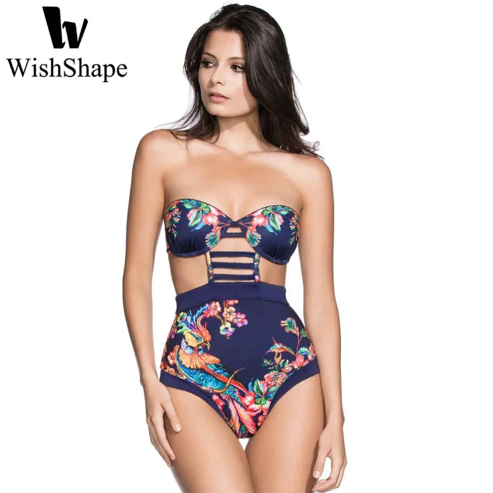 Sexy Strapless Swimwear Push Up One Piece Swimsuit Women Hollow Out Bathing Suit Floral Print