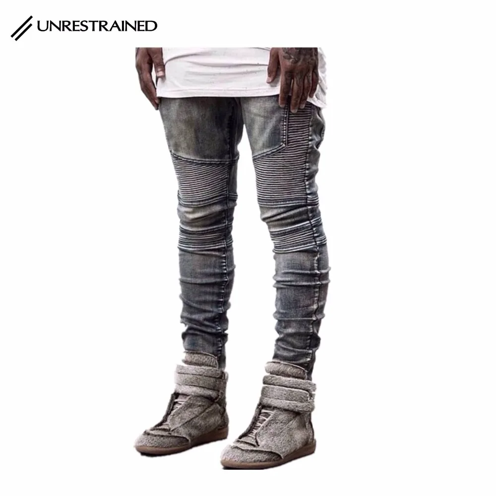 UNRESTRAINED Men's Hipster Hip Hop Slim Jeans Bronze Pleated Denim ...