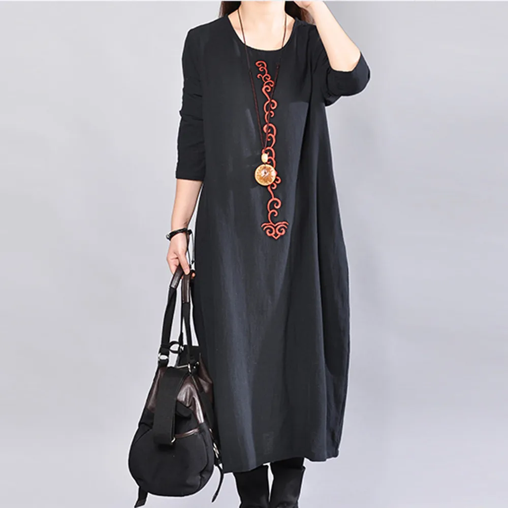 Feitong Sexy O Neck Women Dress Vintage Front Cotton Long Sleeve Midi