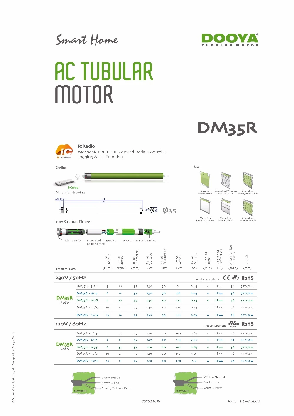 Dooya tubular motor DM35R DM35RL DM35EW with one channel/15 channel ...