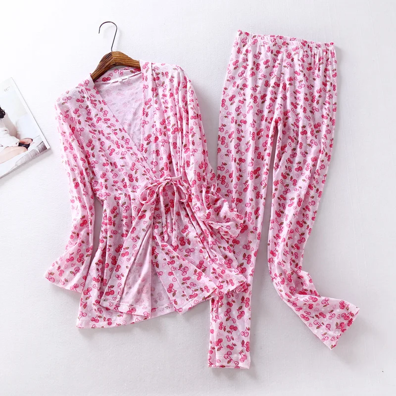 Pink Pyjamas Autumn Pajamas for Women Cotton Pijama Set Cherry Print ...