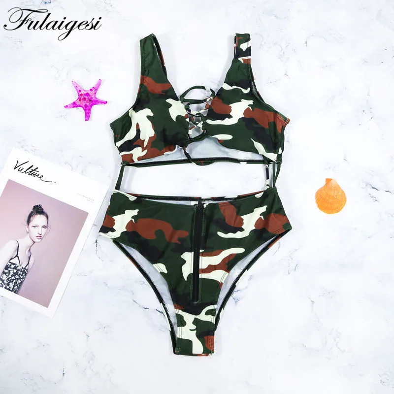 Fulaigesi Women Swimming Bikini Camouflage Swimsuit Sexy High Waist
