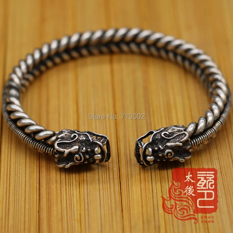 Vintage-Tibetan-Silver-Dragon-Bangle-Two-Dragon-Head-bracelet-Hmong ...