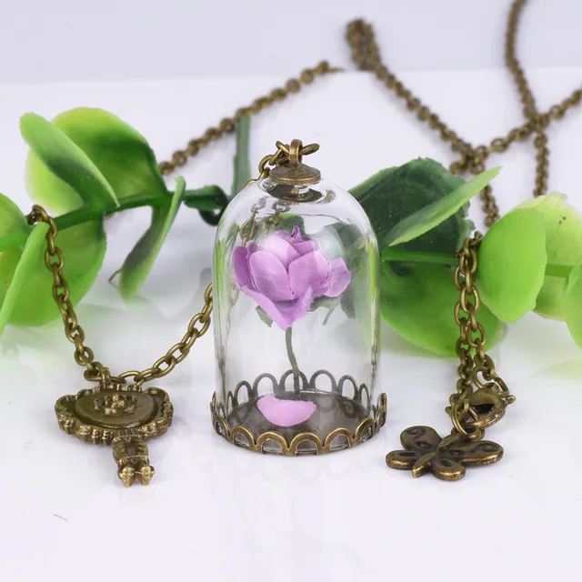 Beauty And The Beast Rose In Glass Necklace