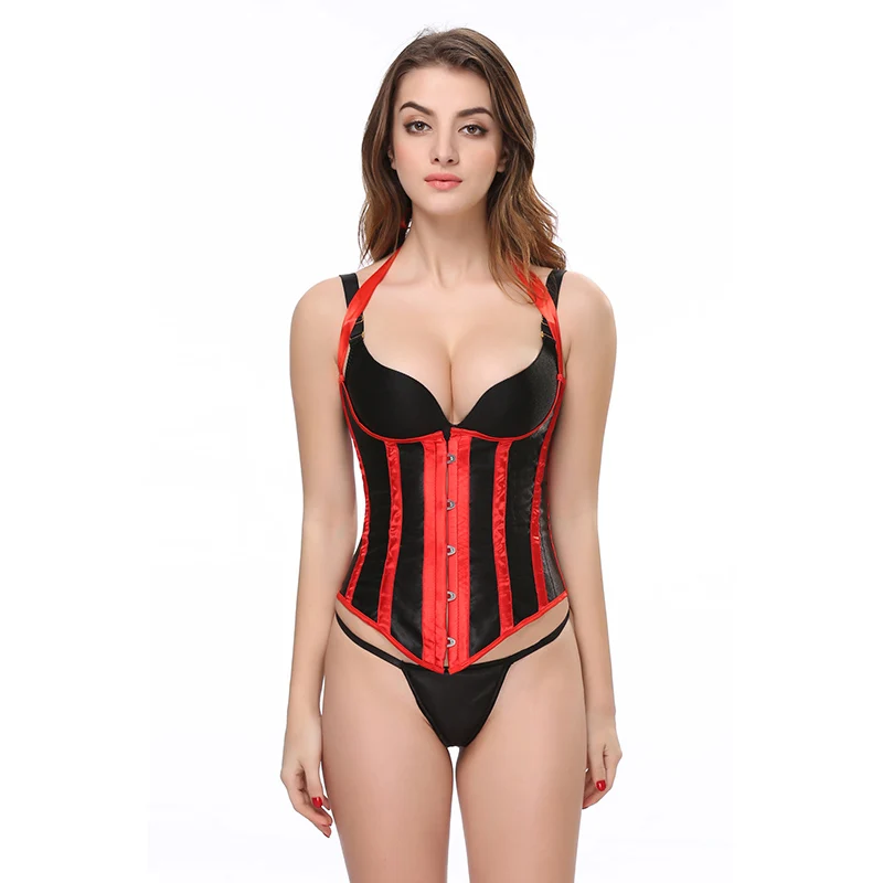 Black Red Striped Underbust Corsets Sexy Steampunk Halter Steel Boned
