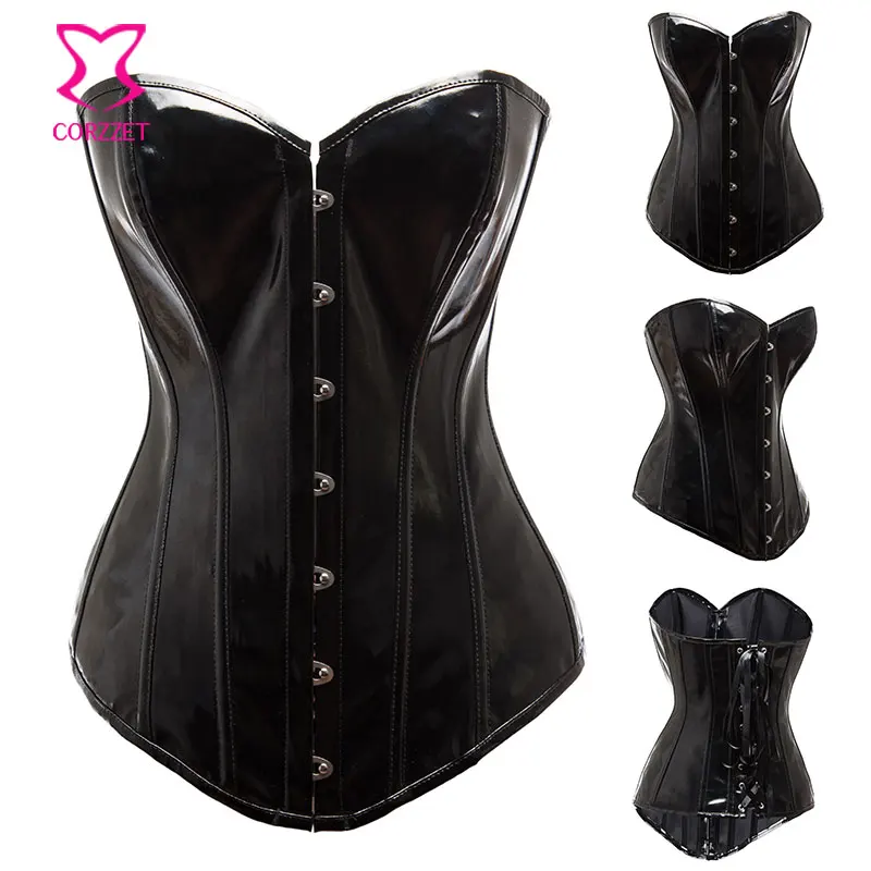 Black Glossy PVC Leather Corset Gothic Sexy Bustier Steampunk Corsets ...