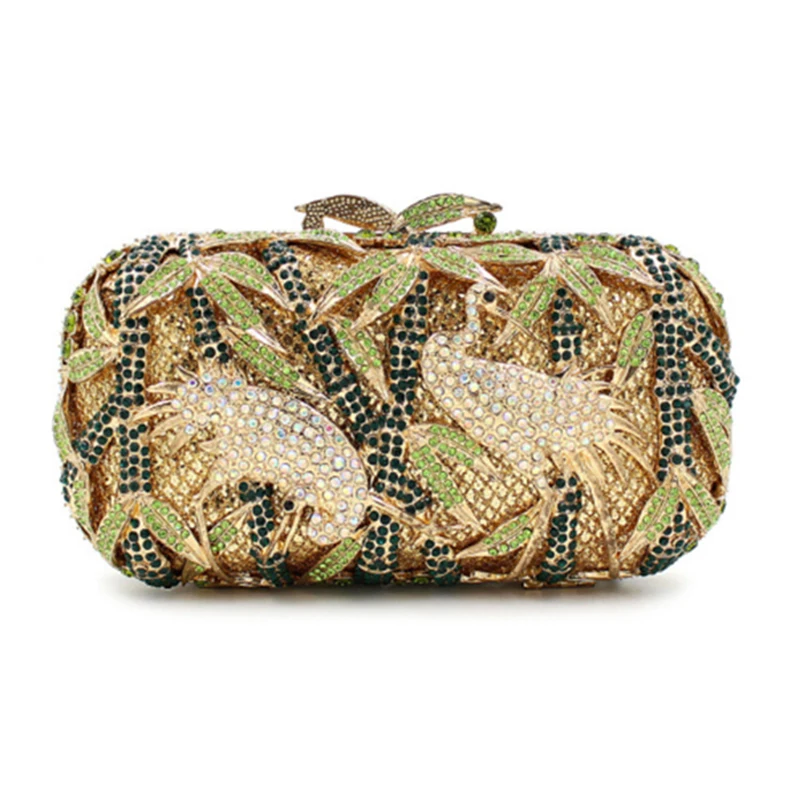 Luxury Clutch Evening Bag Gold And Green Leaves Women Hollow Out