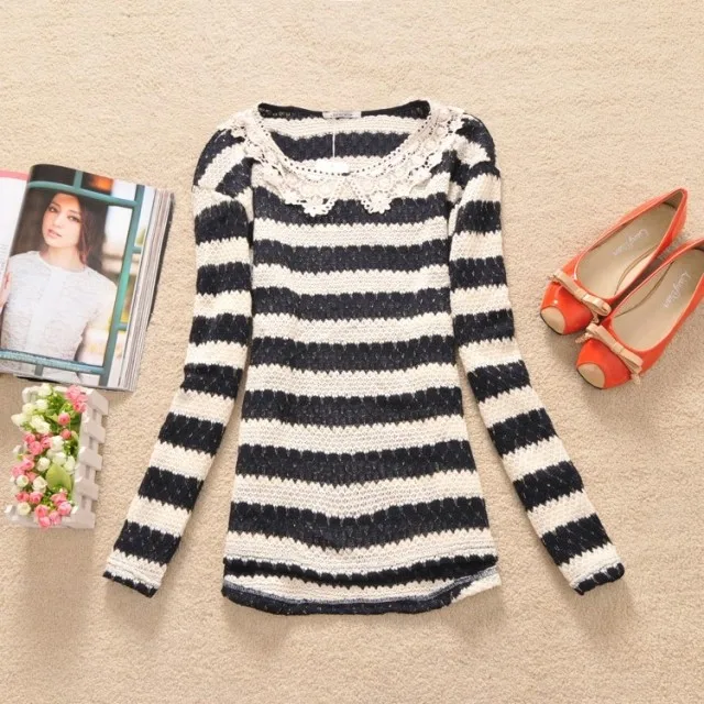 B 2 female spring stripe o neck long sleeve sweater pullover 100% ...