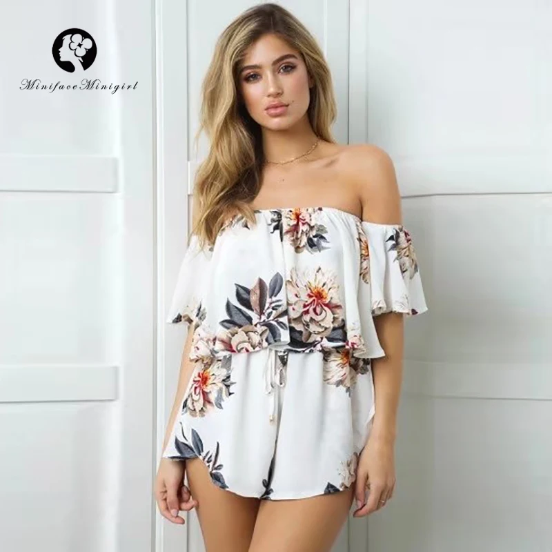 White Slash Nevk Off The Shoulder Playsuit Elegant Ruffles Jumpsuit