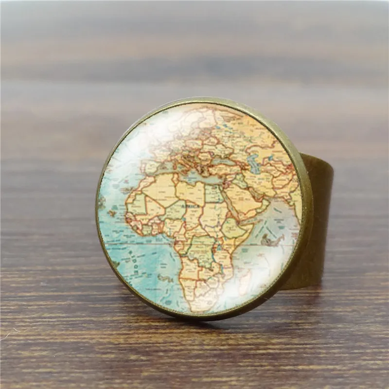 Vintage Globe Ring Planet Earth World Map Art Glass Cabochon Rings for ...