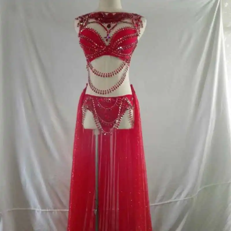 Sparkly Red Rhinestones Bikini Trains Outfit Set Nightclub Female