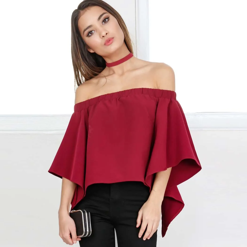 2017 Wonen Vino Rojo Sexy Tops Nuevas Mujeres de La Moda Del Hombro la ...