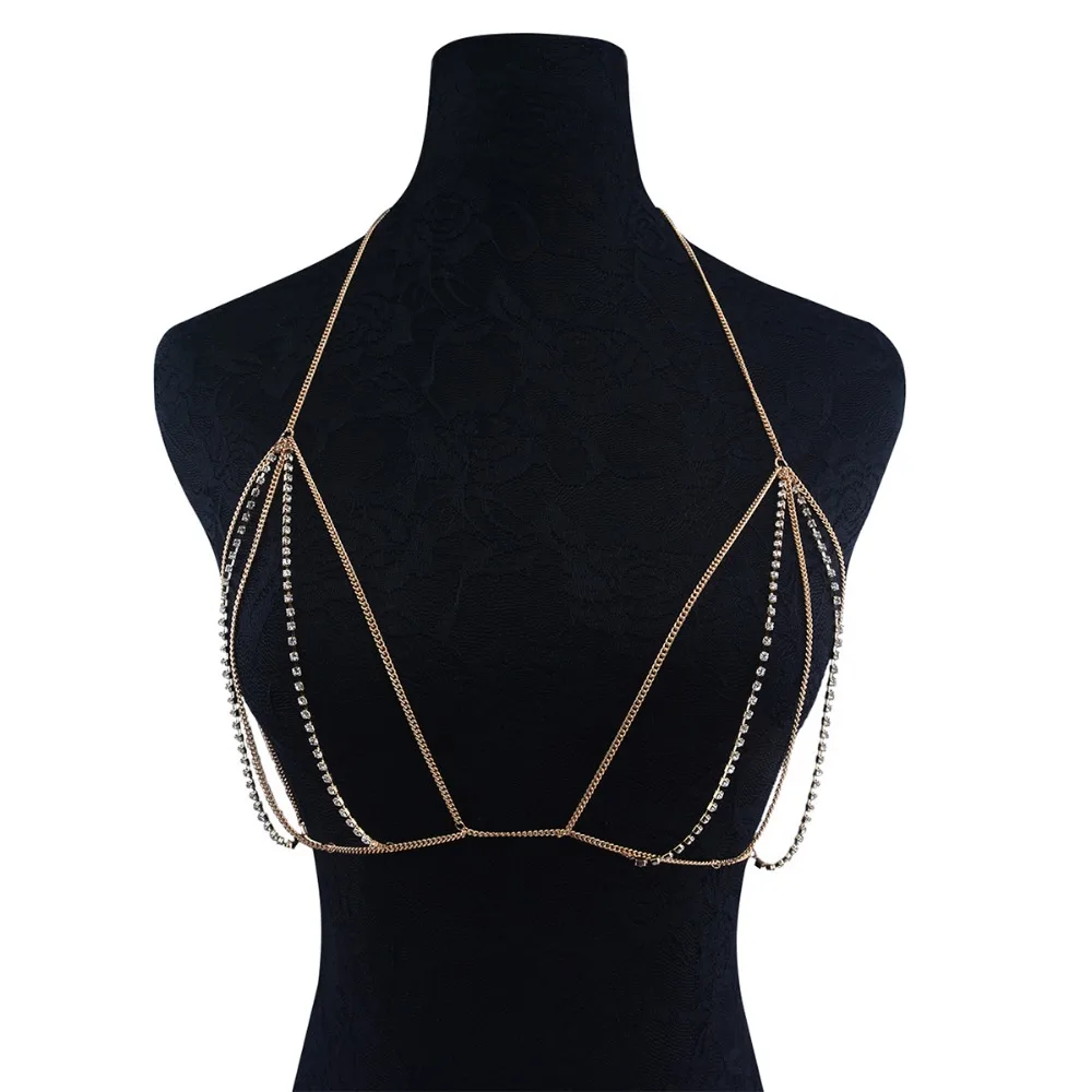 Boho Fashion Net Vertical Harness Necklace Golden Color Rhinestone Bra