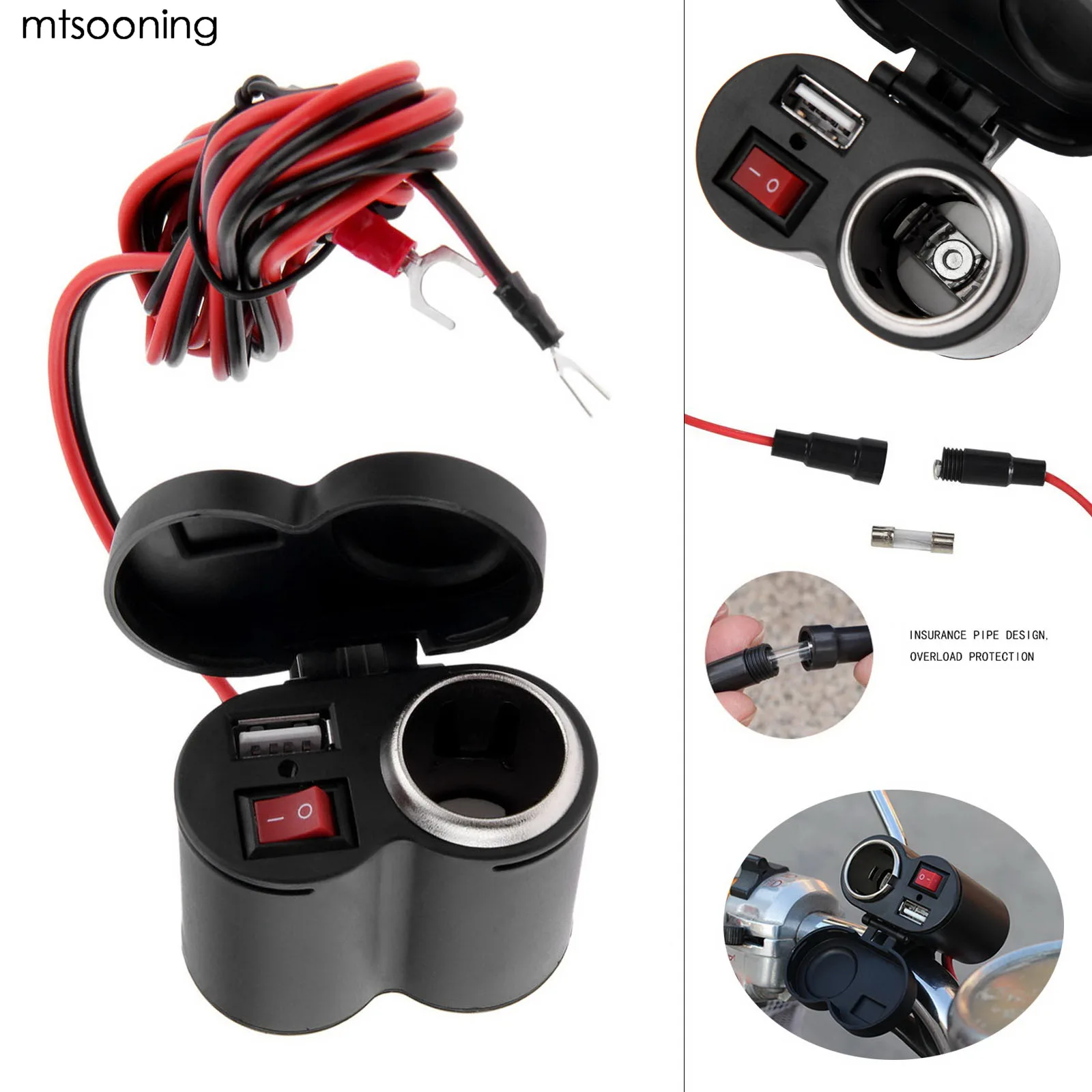 Mtsooning enchufe de encendedor de cigarrillos para motocicleta, Cargador USB impermeable, barra ...