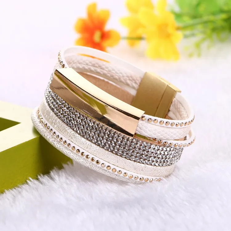 New Geometric Metal Velvet Leather Magnetic Buckle Bracelets Multilayer ...