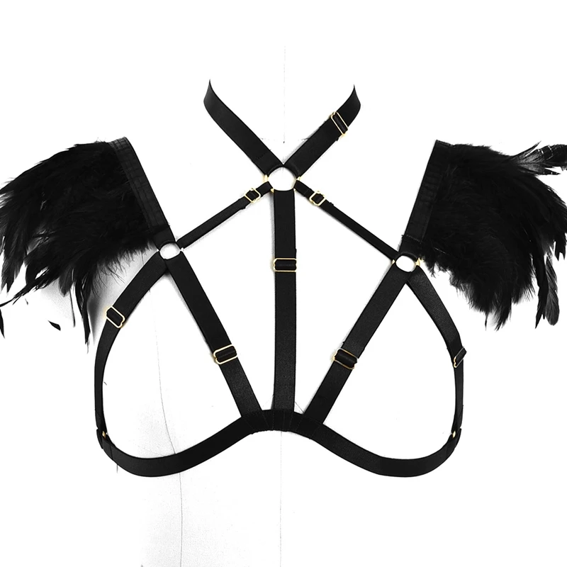 Black Feather Angel Wings For Women Burning Man Adjust Body Harness