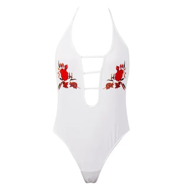 New Sexy Backless Swimwear Women Rose Embroidery Swimsuit One Piece