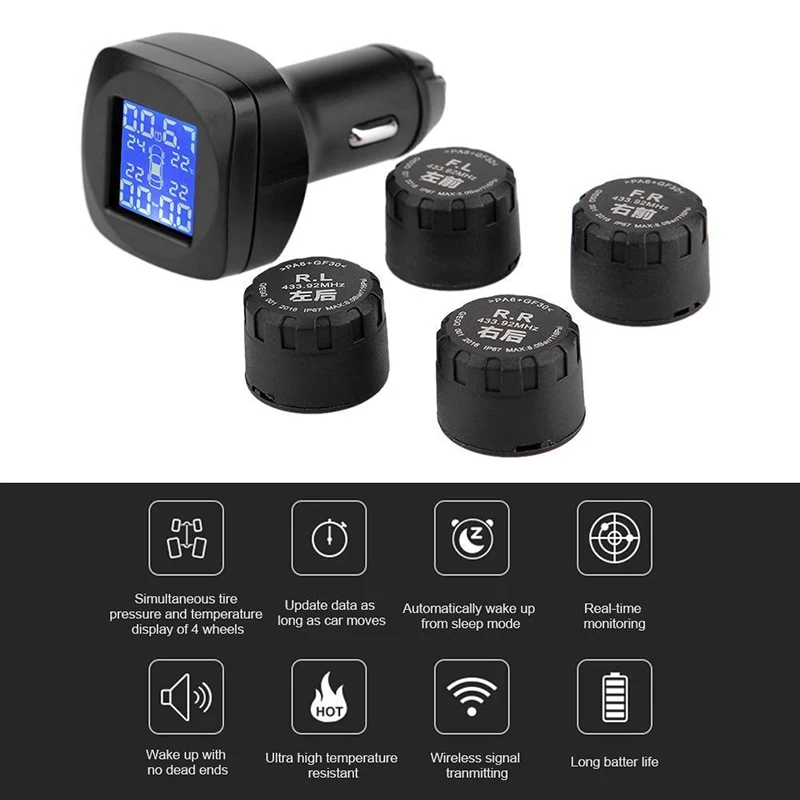 Car TPMS Tire Pressure Monitor System Auto Cigarette Lighter+4 External ...