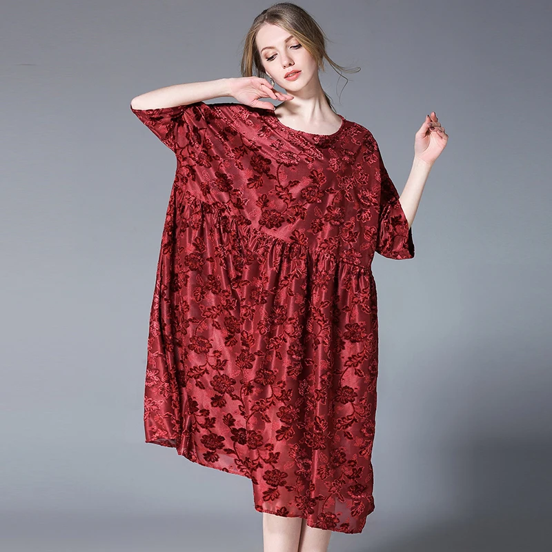 Plus size dresses large sizes women casual loose Velvet flowers dress ...