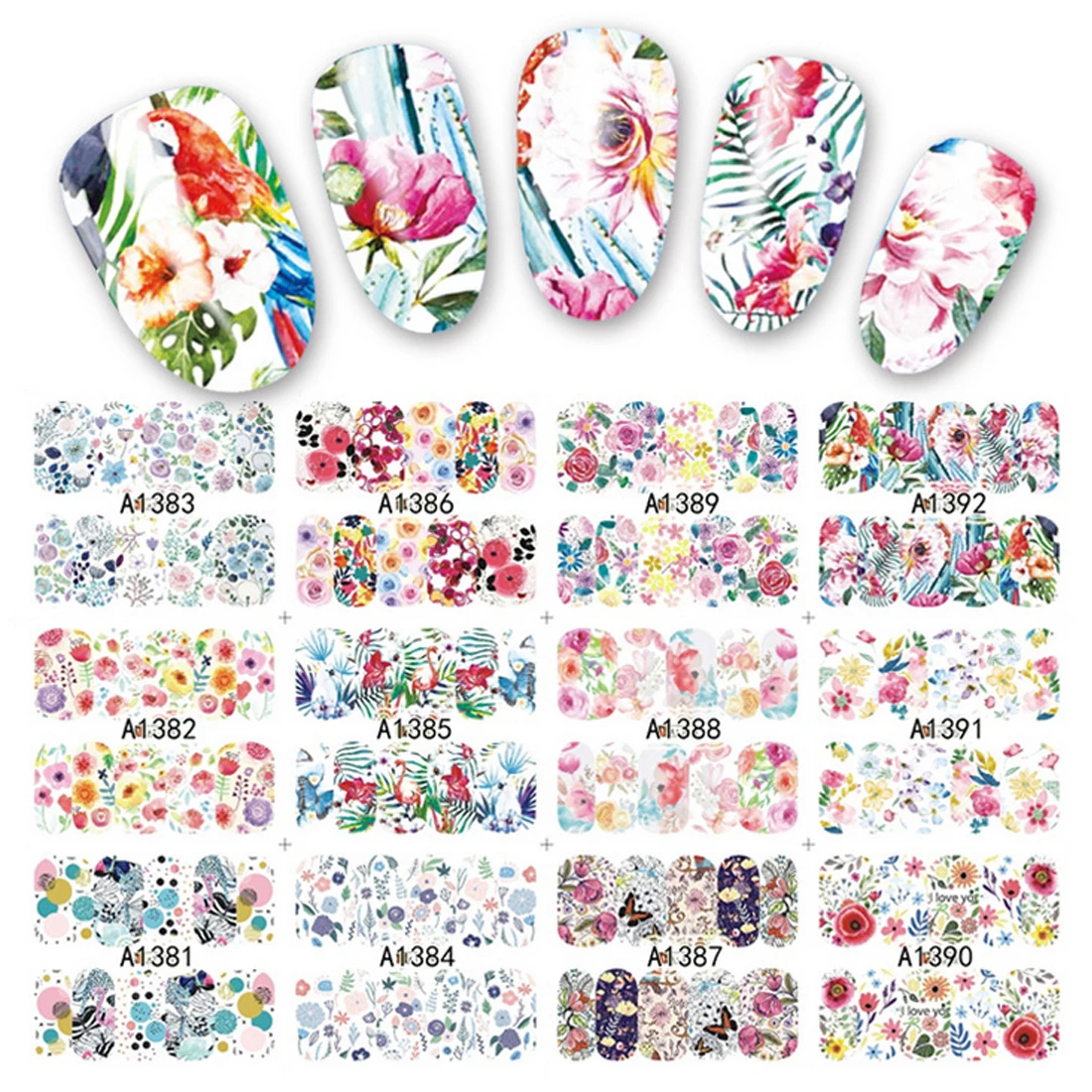 Full Nail Art Wraps Spring Flowers Butterfly Nail Sticker Transfer ...