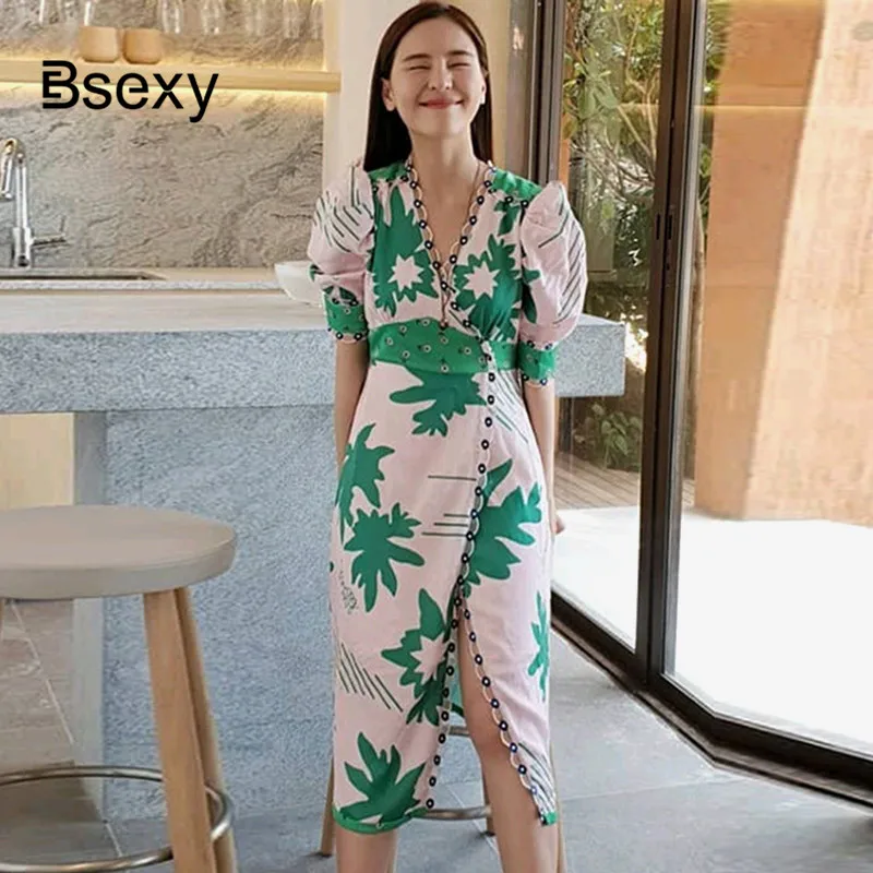 Elegant Women Midi Dress OL Fashion V neck Puff Sleeve Leaves Print ...