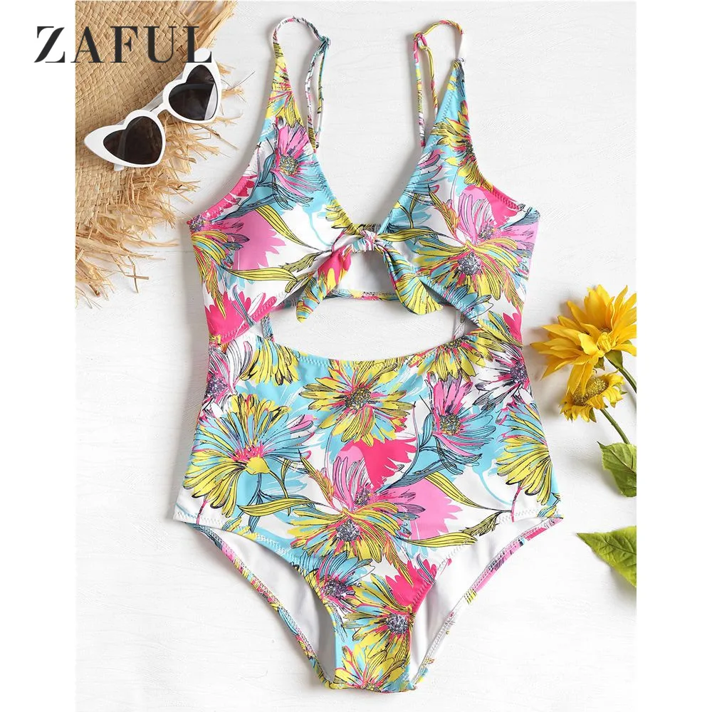Zaful Cut Out Flowers One Piece Swimsuit Women Swimwear Sexy Plunging