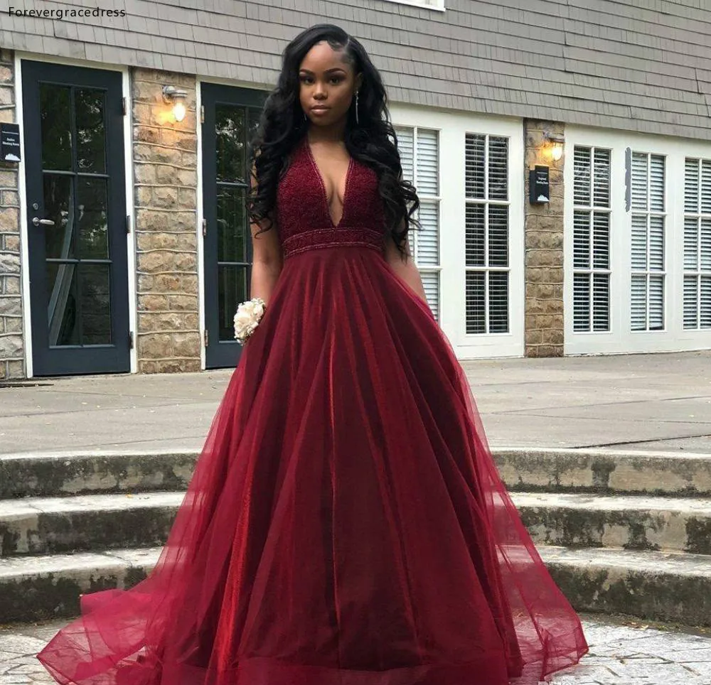 Burgundy Prom Dresses African Black Girls Deep V Neck Holidays Graduation Wear Evening Party