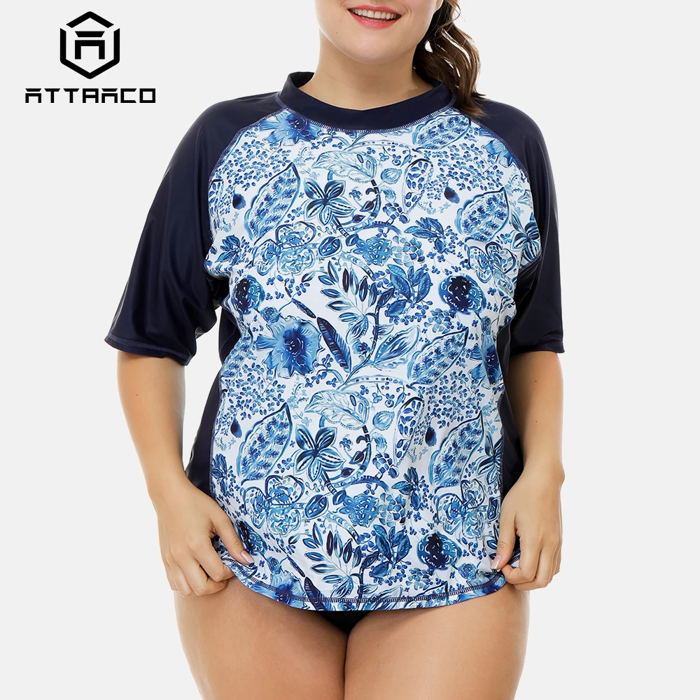 Attraco Swimsuit Swimwear Rash Guard Women Short Sleeve Retro Floral ...