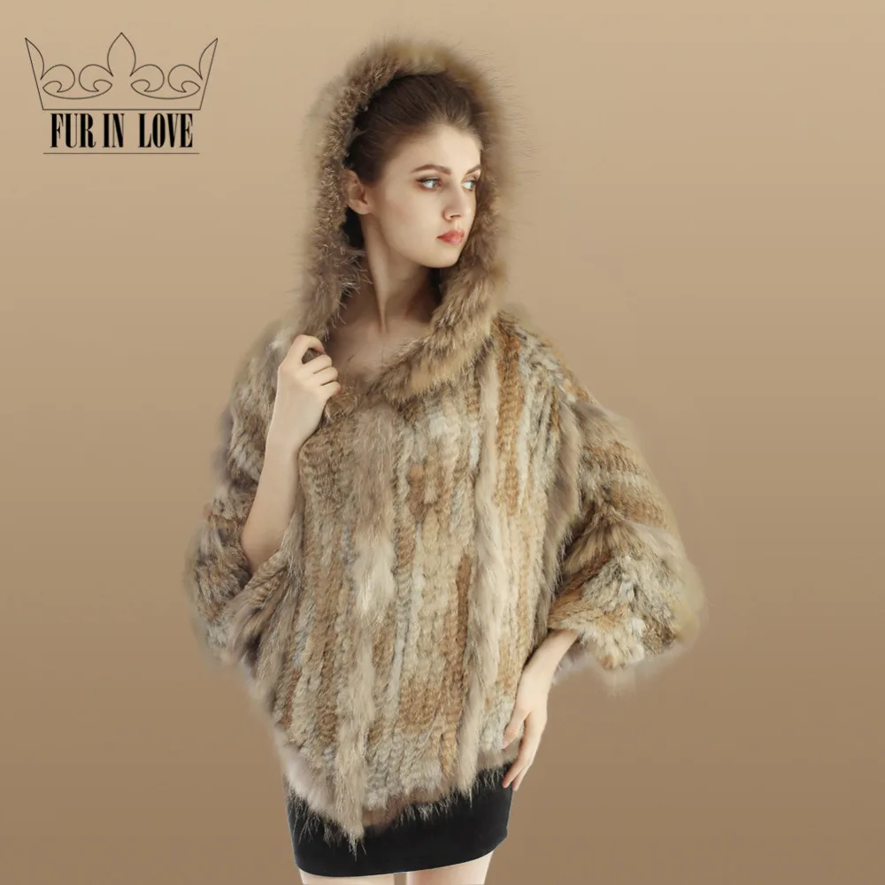 2017 Nova Natural Coelho Malha Fur Xaile Com Raccoon Natural Mulheres Moda Poncho Urdidura Pele ...