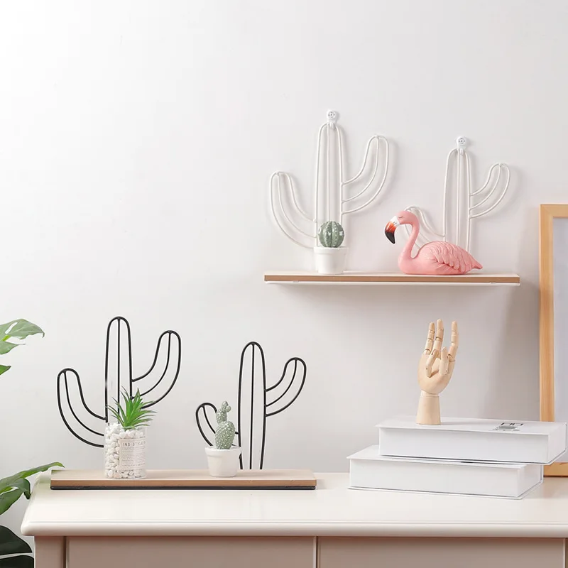 Creative Wooden Wall Storage Rack Wrought Iron Cactus Wall Hanging ...