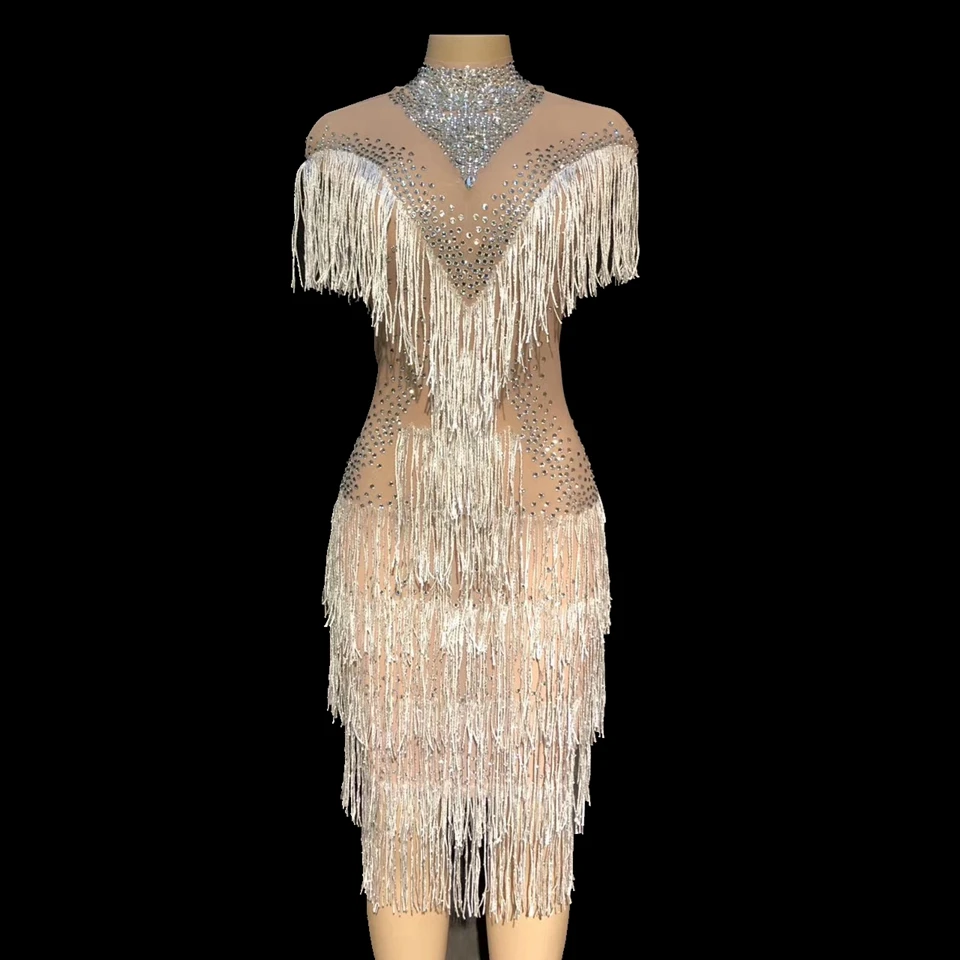 Sparkly Rhinestone Crystal Tassel Dress Women Birthday Celebrate See