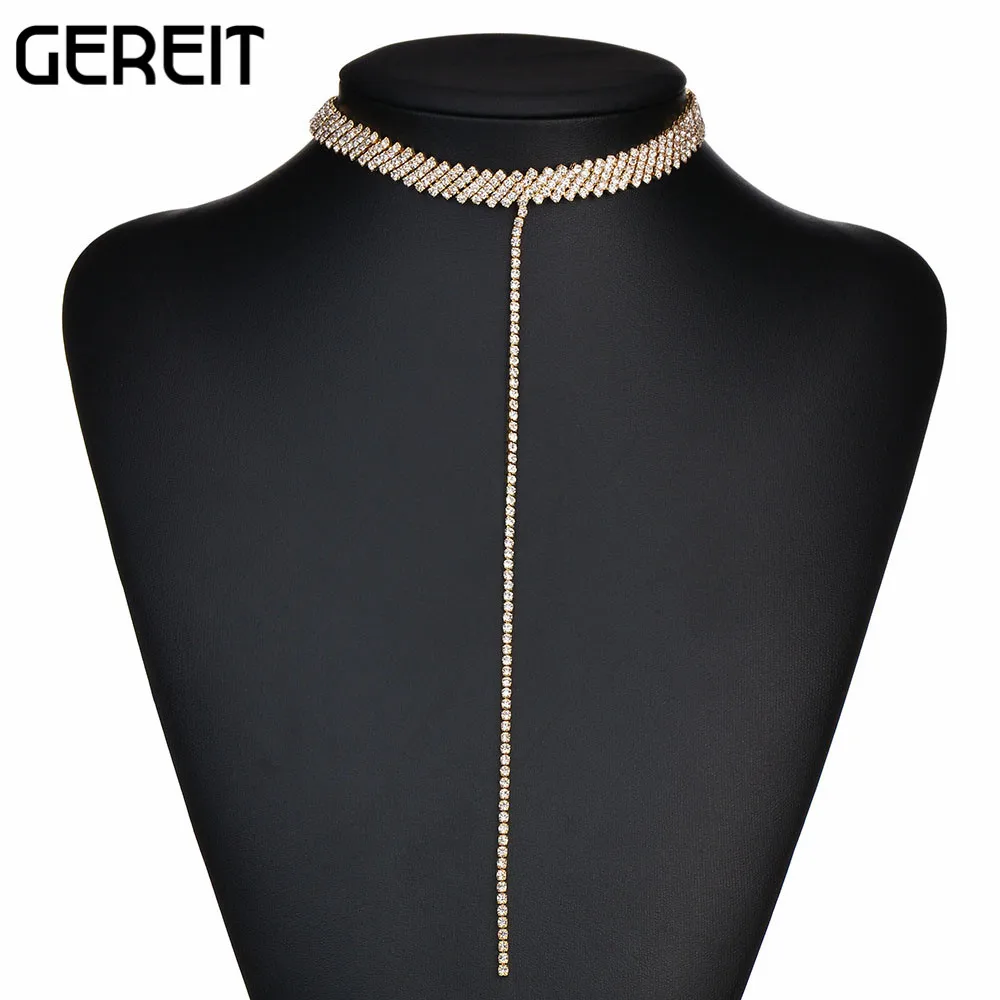 Gereit Trendy Full Rhinestone Choker Jewelry Gold Ccolor Choke Necklace Women Statement