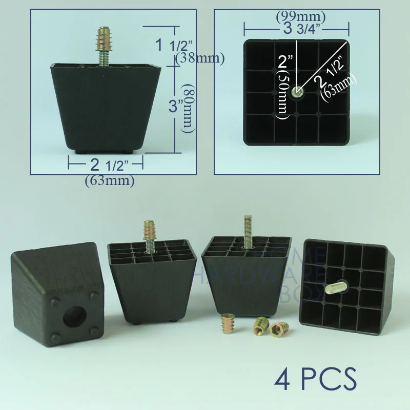 4 pcs black plastic square leg furniture cabinet stand couch feet PVC 3 ...