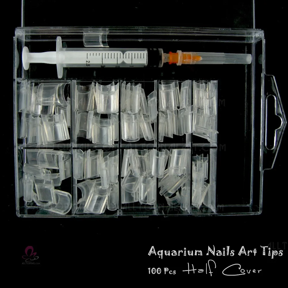 Aquarium Nails Art Tips With Syringe 100pcs/box Clear Water Bubble Nail ...