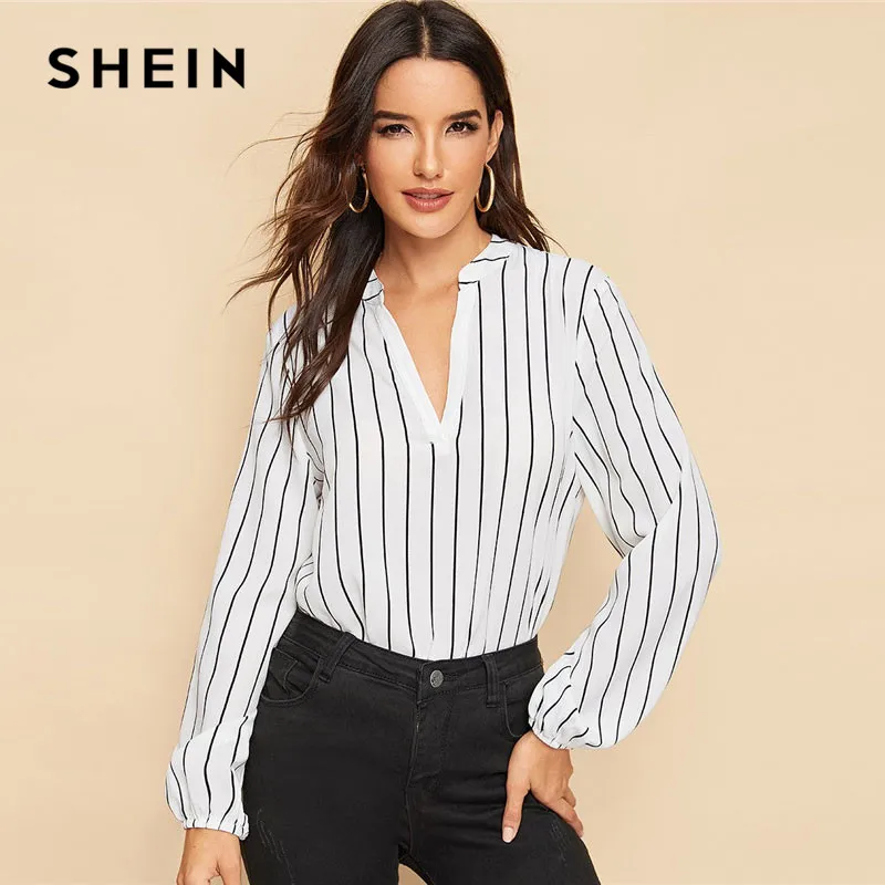 SHEIN Black and White Office Lady V Neck Striped Print Pullovers Long ...