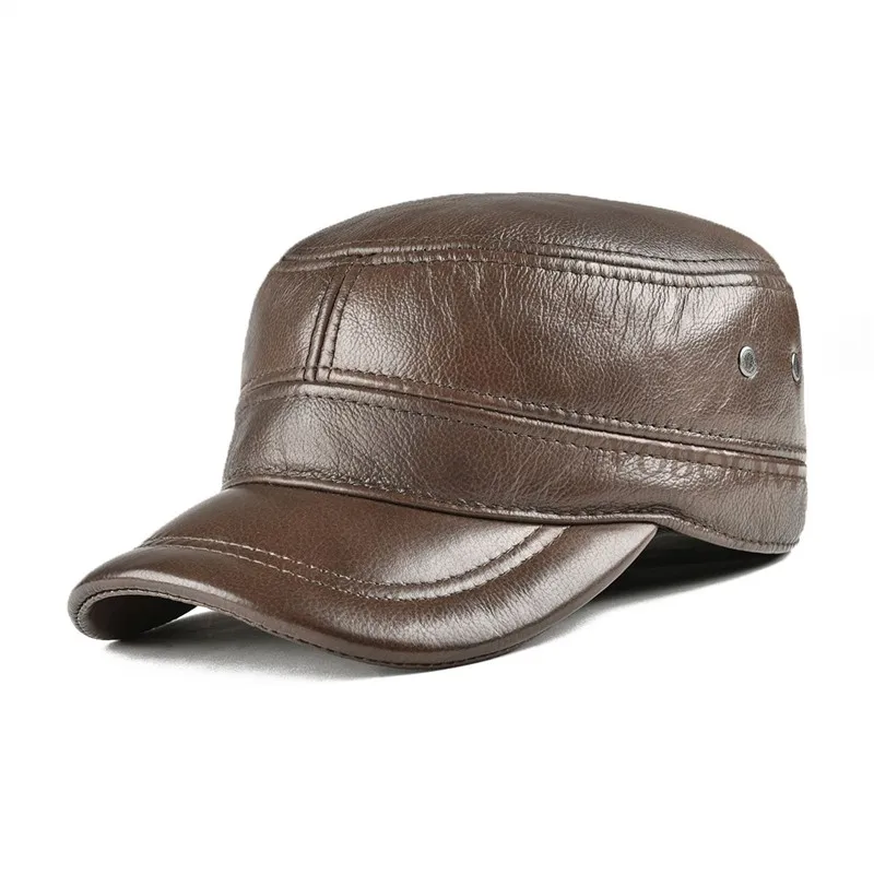 Coffee Genuine Leather Cap Men Winter Warm Ear Protection Army Hat ...