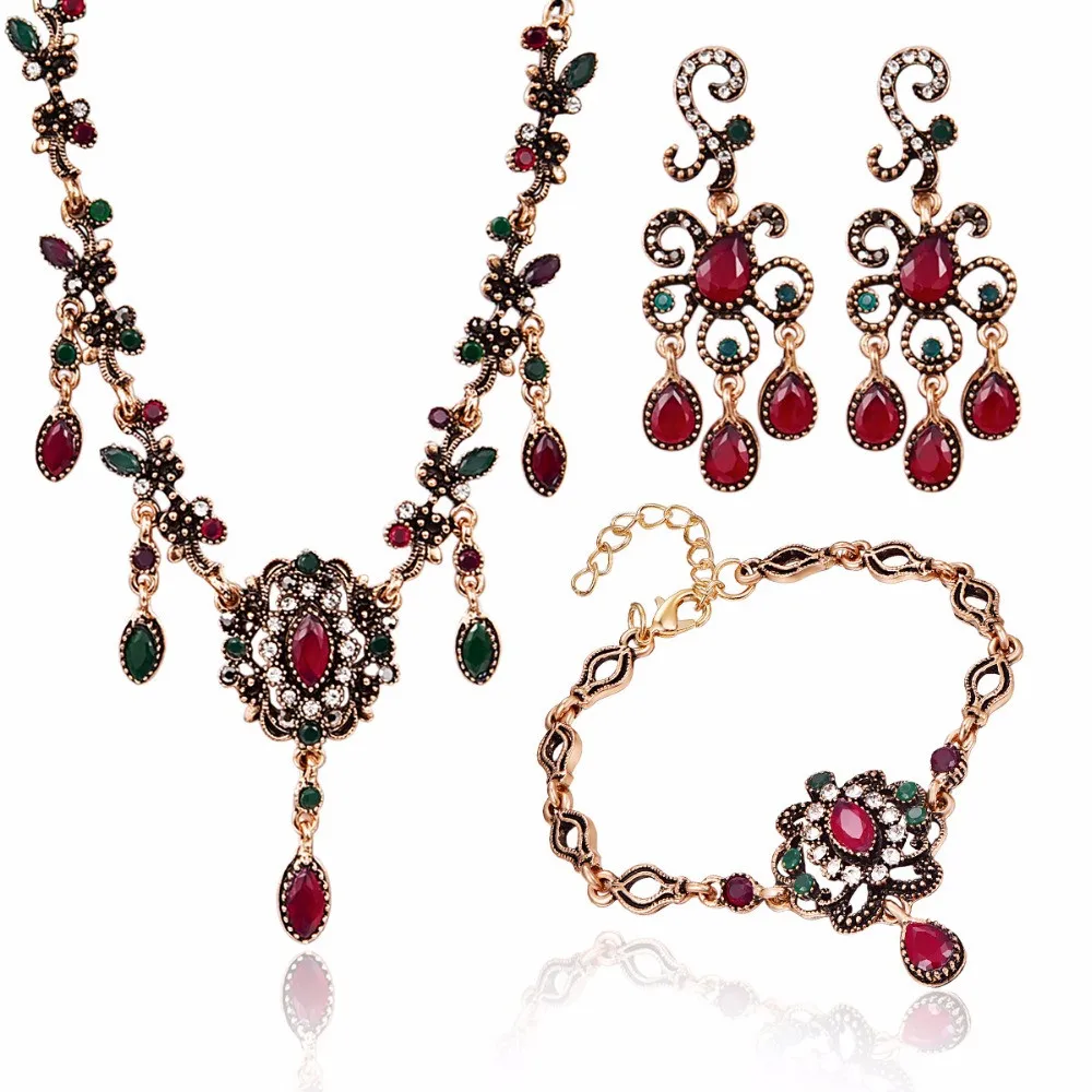 3Pcs/Set Vintage Turkish Jewelry Sets For Women Antique Gold Multicolor ...