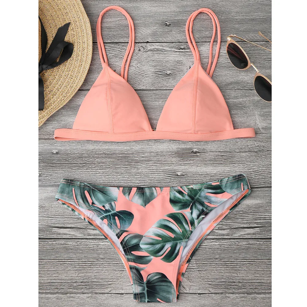 2019 Sexy Bandage Bikinis Women Swimwear Bikini Set Print Leaves Push
