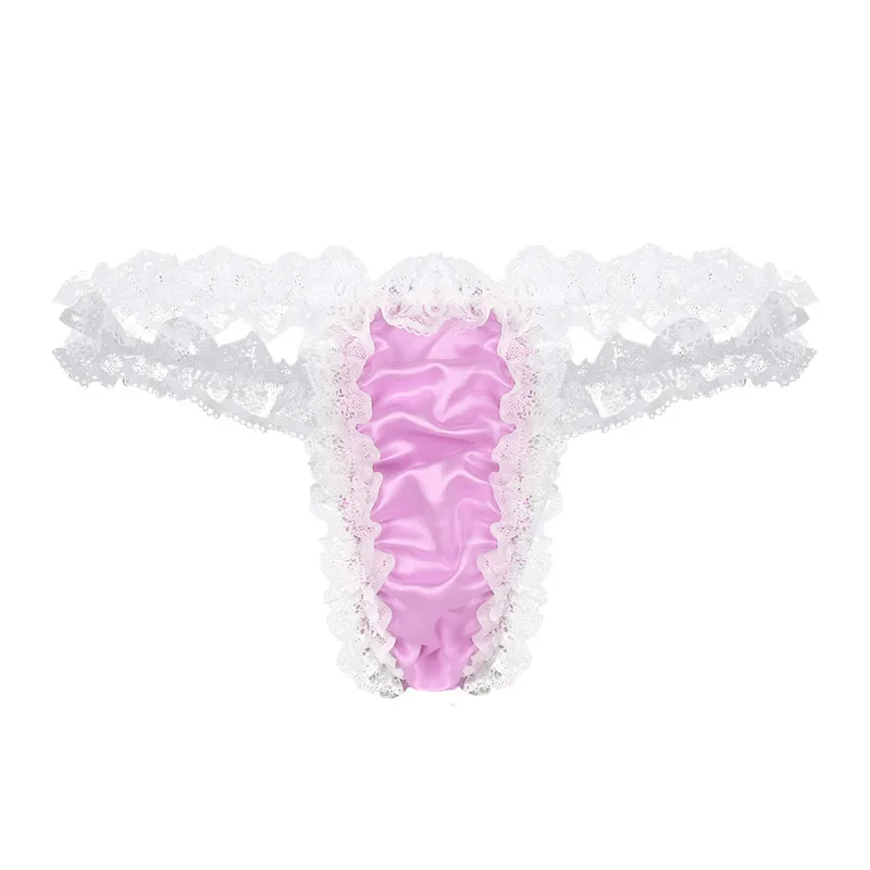 TiaoBug Men Soft Shiny Satin Ruffled Floral Lace Frilly Tanga Underwear ...