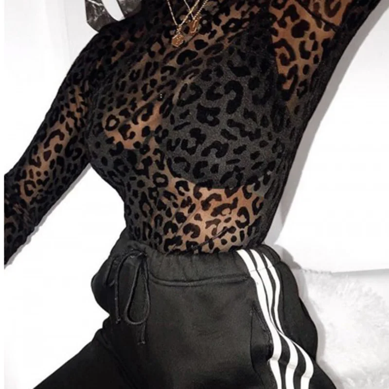 Zebra leopard mesh sheer bodysuit blouse women Long sleeve sexy ...