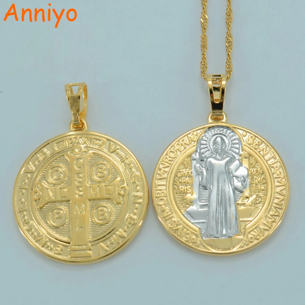 Anniyo Two Tone Gold Color Catholic Saint Benedict Round Medal Pendant ...