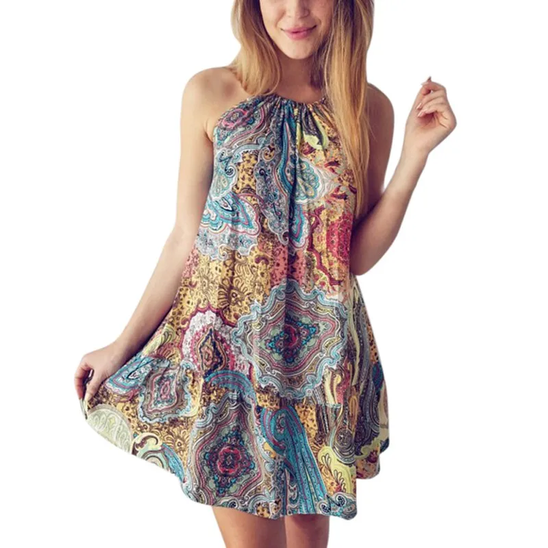 Fashion Summer Women Bohemian Ocean Wind Print Beach Dress Female ...