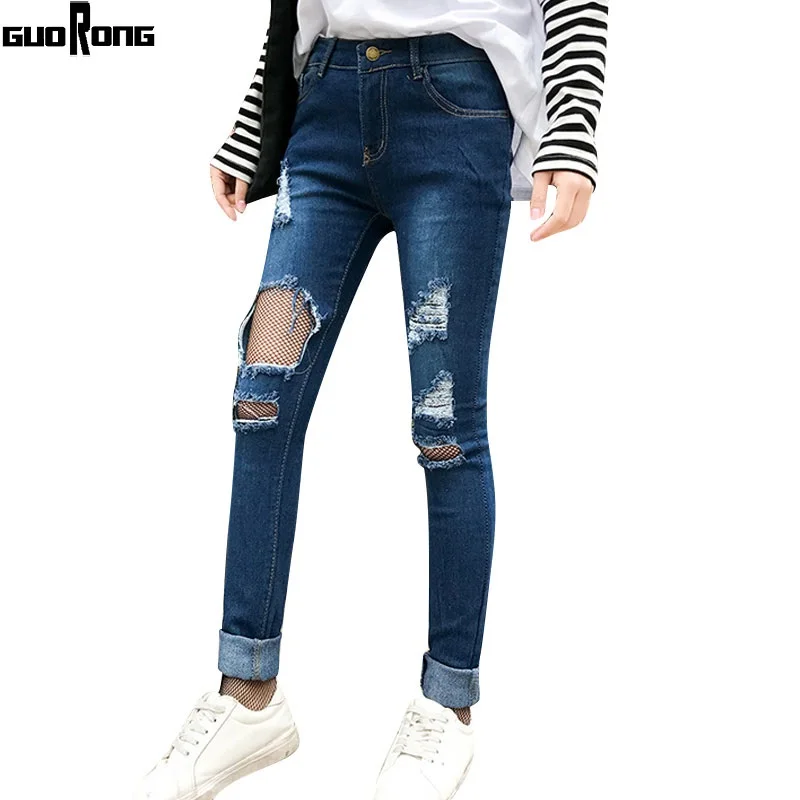 Summer 2017 Preppy Style Elastic Stretch Hole Jeans Beggar Female ...