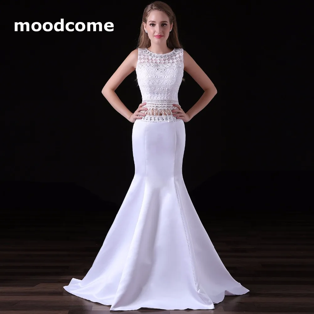 2018 Crop Top Prom Dresses Cheap Mermaid Two Piece Satin Lace Cheap ...