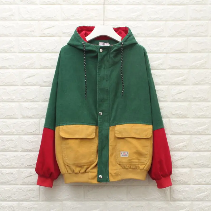 Hooded color block jacket corduroy women autumn winter vintage ...