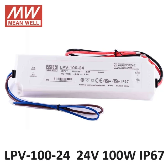 MEANWELL LPV 100 24 AC DC 100W 4.2A 24V LED Power Supply waterproof isolated plastic IP67 90 ...