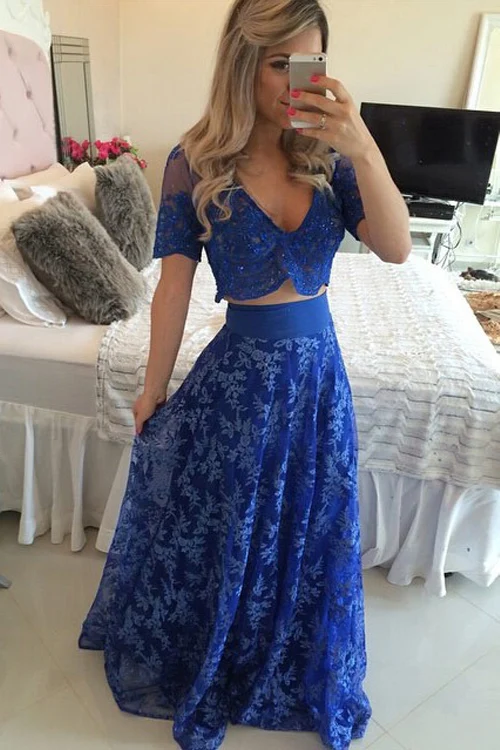 Sexy V Neck Short Sleeves Crop Top Prom Dresses Royal Blue Beautiful ...