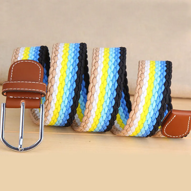 Fashion Striped Stretch Waist Belt Canvas Braided Woven Leather Belt ...